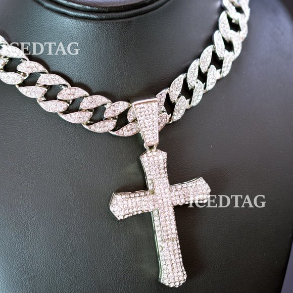 Accessories | 18 Full Iced Out Necklace Xl Size Cross Pendant | Poshmark